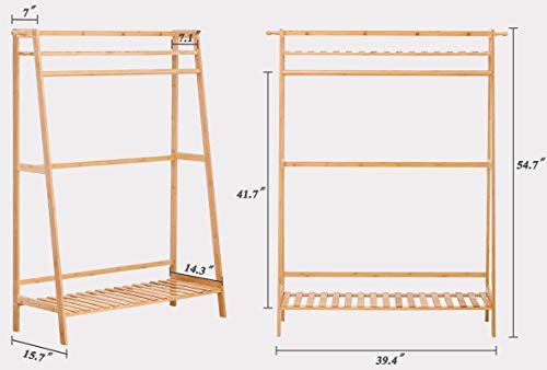 COPREE Bamboo Garment Coat Clothes Hanging Heavy Duty Rack with top Shelf and Shoe Clothing Storage Organizer Shelves