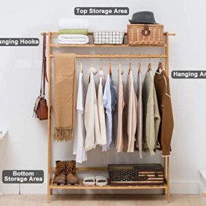 COPREE Bamboo Garment Coat Clothes Hanging Heavy Duty Rack with top Shelf and Shoe Clothing Storage Organizer Shelves