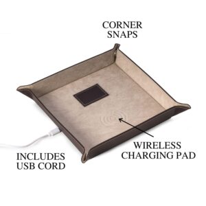 Bey-Berk Custom Personalized leather valet tray with wireless charger (Brown)