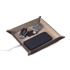 Bey-Berk Custom Personalized leather valet tray with wireless charger (Brown)