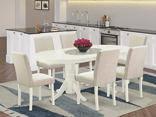 East West Furniture VAAB7-LWH-02 7Pc Dinette Set Includes a 59/76.4 Inch Oval Dining Table with Butterfly Leaf and 6 Parson Chair White Leg and Linen Fabric Light Beige, 7 Pieces