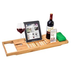 ddsky premium bamboo bathtub caddy tray extendable bath tray rack bathtub caddy organizer with wine glass holder, book/tablet holder