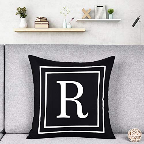 Yastouay Pillow Covers English Alphabet R Throw Pillow Cover Black Throw Pillow Case Modern Cushion Cover for Sofa Bedroom Chair Couch Car (Black, 18 x 18 Inch)