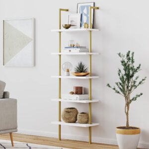 nathan james theo 5-shelf modern bookcase, open wall mount ladder bookshelf with industrial metal frame, white/gold