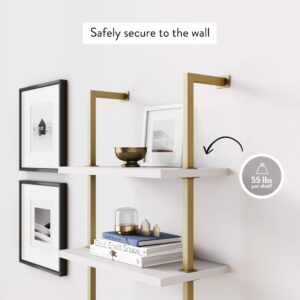 Nathan James Theo 5-Shelf Modern Bookcase, Open Wall Mount Ladder Bookshelf with Industrial Metal Frame, White/Gold