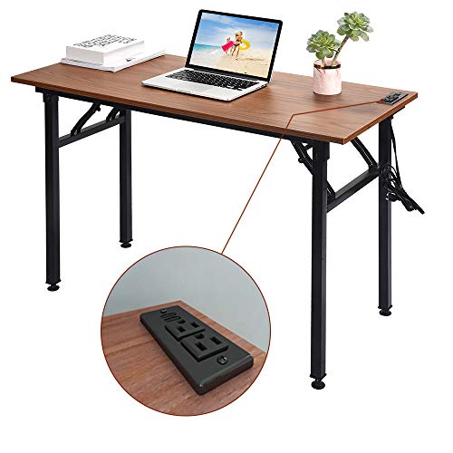 Frylr Folding Computer Desk with Plugs & USB Ports, Home Office Desks Foldable 43.3x19.6x29.5 Inch Study Table for Student Writing Desk for PC/Laptop, No Installation, Walnut + Black Leg