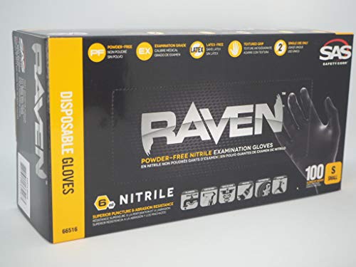 SAS SAFETY CORP 66516 Raven Nitrile Small Black Powder-free Gloves