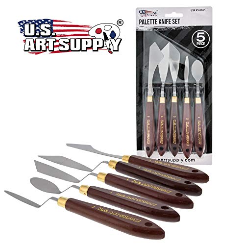 U.S. Art Supply 5-Piece Artist Stainless Steel Palette Knife Set - Wood Hande Flexible Spatula Painting Knives for Color Mixing Spreading, Applying Oil, Acrylic, Epoxy, Pouring Paint on Canvases, Cake