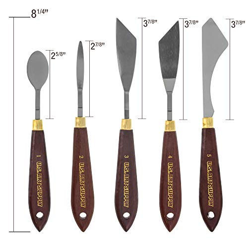 U.S. Art Supply 5-Piece Artist Stainless Steel Palette Knife Set - Wood Hande Flexible Spatula Painting Knives for Color Mixing Spreading, Applying Oil, Acrylic, Epoxy, Pouring Paint on Canvases, Cake