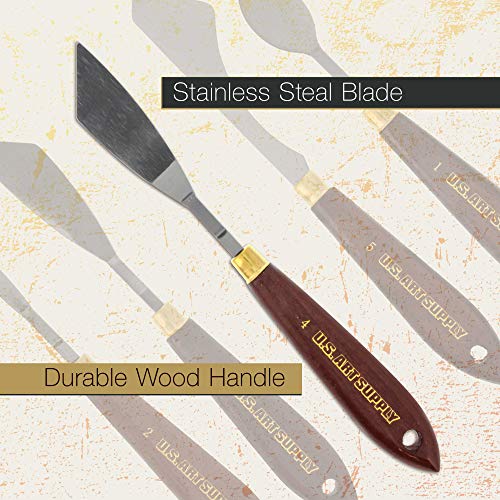 U.S. Art Supply 5-Piece Artist Stainless Steel Palette Knife Set - Wood Hande Flexible Spatula Painting Knives for Color Mixing Spreading, Applying Oil, Acrylic, Epoxy, Pouring Paint on Canvases, Cake