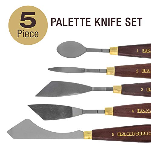 U.S. Art Supply 5-Piece Artist Stainless Steel Palette Knife Set - Wood Hande Flexible Spatula Painting Knives for Color Mixing Spreading, Applying Oil, Acrylic, Epoxy, Pouring Paint on Canvases, Cake