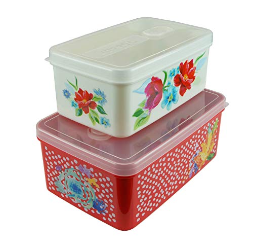 QG 68 & 40oz Rectangular Plastic Food Storage Containers with Lids BPA Free - 2 Pieces Red & White with Pattern