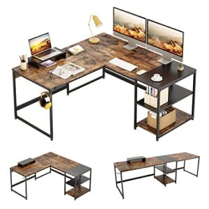 bestier industrial l shaped desk with shelves 94.5 inch reversible corner computer desk or 2 person long table office writing study workstation with monitor stand and headphone hook, rustic brown