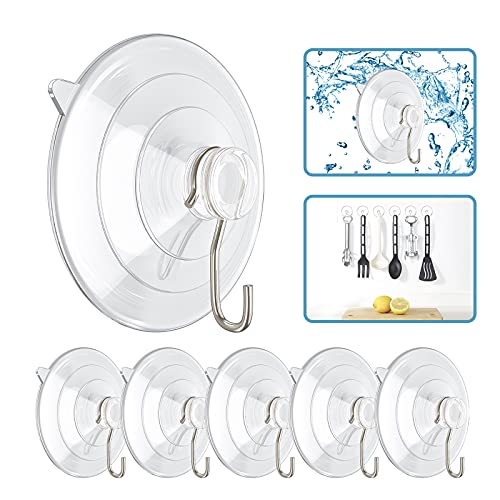 Znben Suction Cup Hooks, 2.5 Inches Clear Large Suction Cups with Metal Hooks 7 LB Reusable Heavy Duty Suction Cups for Kitchen Bathroom Shower Wall Window Glass Door - 6 Pack