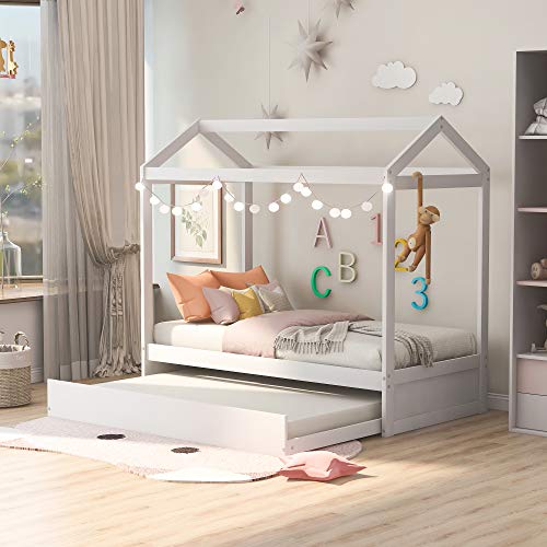 Harper & Bright Designs House Bed , Bed Frame Twin with Trundle and Roof, Toddler Daybed Twin, Children's Bed, No Box Spring Needed ,White