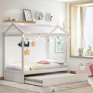 Harper & Bright Designs House Bed , Bed Frame Twin with Trundle and Roof, Toddler Daybed Twin, Children's Bed, No Box Spring Needed ,White