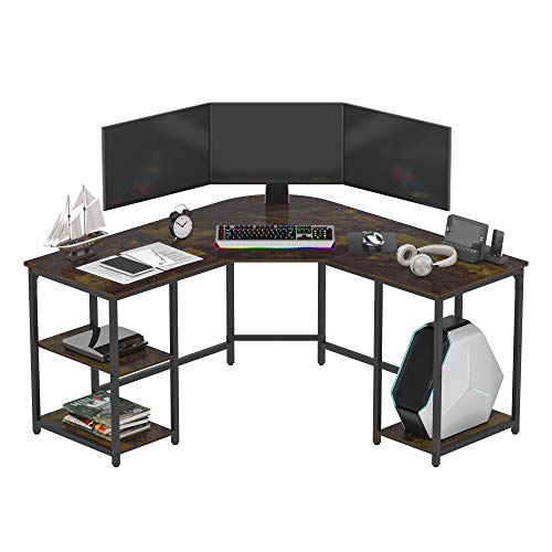 Earthsign L-Shaped Home Office Desk with Four Shelves Storage, Spacious Corner Computer Desk for Working from Home, Workstation, Gaming, 56.96 Inch, Round Corner, with Wood Top