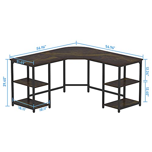 Earthsign L-Shaped Home Office Desk with Four Shelves Storage, Spacious Corner Computer Desk for Working from Home, Workstation, Gaming, 56.96 Inch, Round Corner, with Wood Top