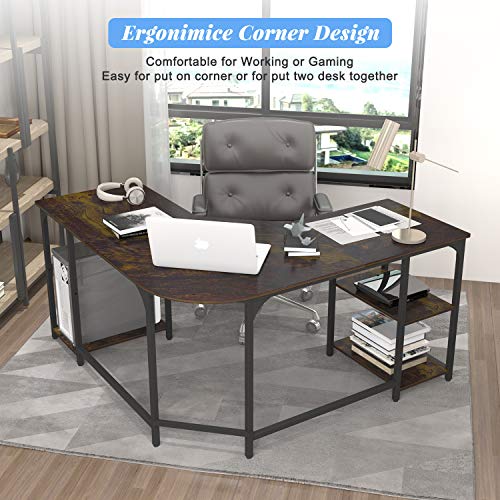 Earthsign L-Shaped Home Office Desk with Four Shelves Storage, Spacious Corner Computer Desk for Working from Home, Workstation, Gaming, 56.96 Inch, Round Corner, with Wood Top