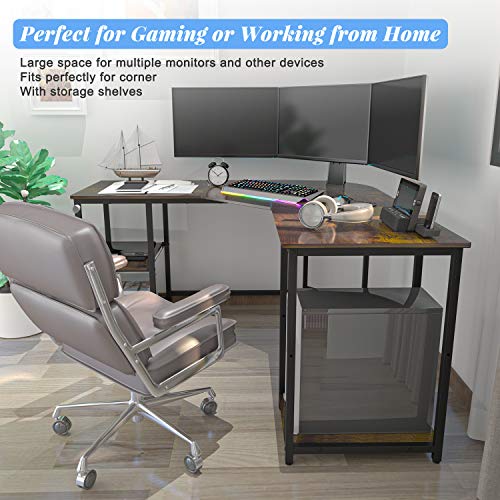 Earthsign L-Shaped Home Office Desk with Four Shelves Storage, Spacious Corner Computer Desk for Working from Home, Workstation, Gaming, 56.96 Inch, Round Corner, with Wood Top