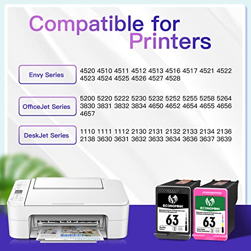 Economink Remanufactured Ink Cartridge Replacement for HP Ink 63 Compatible with OfficeJet 3830 5255 5258 4650 4652 4655 Envy 4520 4512 4513 4516 DeskJet 1112 2130 3630 3632 3634 2130 2132 Printer