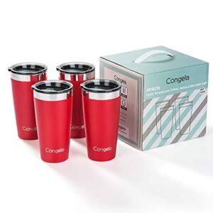 Congela 16oz stainless steel insulated pint glasses, double wall water and beer vacuum tumbler bulk cups set with lids,coffee tumbler camping cups, for hot and cold drinks (Chili,16oz X 4Pack)…