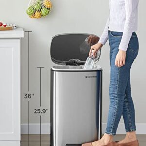 SONGMICS 13 Gallon Trash Can, Stainless Steel Kitchen Garbage Can, Recycling or Waste Bin, Soft Close, Step-On Pedal, Removable Inner Bucket, Silver ULTB050E01