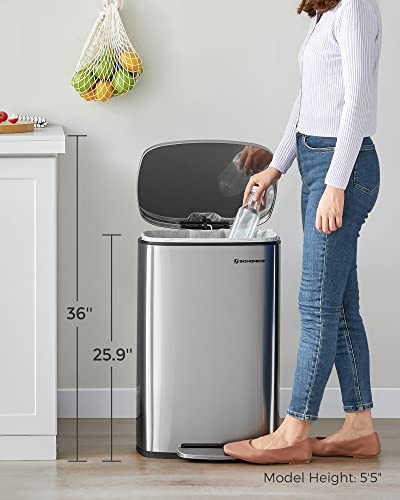 SONGMICS 13 Gallon Trash Can, Stainless Steel Kitchen Garbage Can, Recycling or Waste Bin, Soft Close, Step-On Pedal, Removable Inner Bucket, Silver ULTB050E01