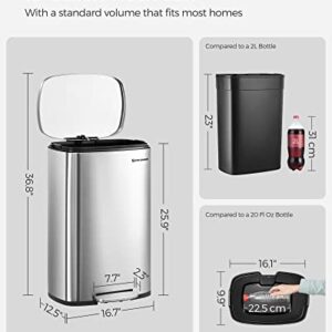 SONGMICS 13 Gallon Trash Can, Stainless Steel Kitchen Garbage Can, Recycling or Waste Bin, Soft Close, Step-On Pedal, Removable Inner Bucket, Silver ULTB050E01