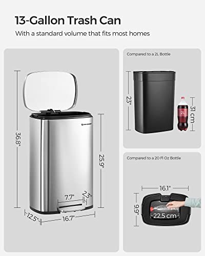 SONGMICS 13 Gallon Trash Can, Stainless Steel Kitchen Garbage Can, Recycling or Waste Bin, Soft Close, Step-On Pedal, Removable Inner Bucket, Silver ULTB050E01