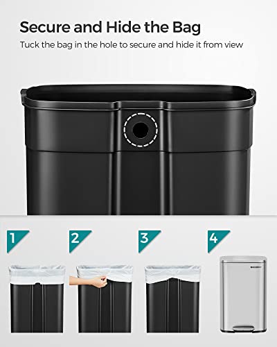 SONGMICS 13 Gallon Trash Can, Stainless Steel Kitchen Garbage Can, Recycling or Waste Bin, Soft Close, Step-On Pedal, Removable Inner Bucket, Silver ULTB050E01