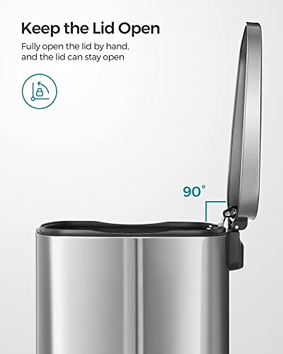 SONGMICS 13 Gallon Trash Can, Stainless Steel Kitchen Garbage Can, Recycling or Waste Bin, Soft Close, Step-On Pedal, Removable Inner Bucket, Silver ULTB050E01