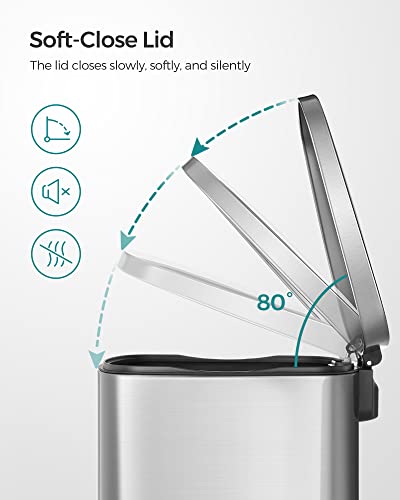 SONGMICS 13 Gallon Trash Can, Stainless Steel Kitchen Garbage Can, Recycling or Waste Bin, Soft Close, Step-On Pedal, Removable Inner Bucket, Silver ULTB050E01