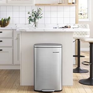 SONGMICS 13 Gallon Trash Can, Stainless Steel Kitchen Garbage Can, Recycling or Waste Bin, Soft Close, Step-On Pedal, Removable Inner Bucket, Silver ULTB050E01