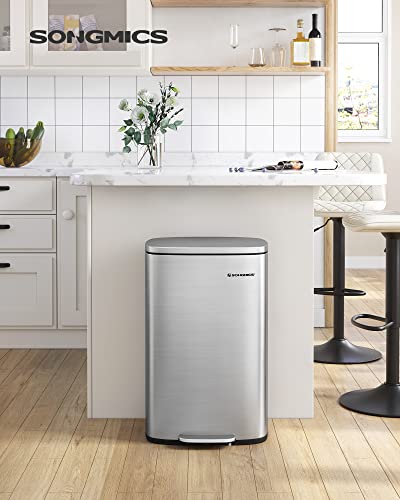 SONGMICS 13 Gallon Trash Can, Stainless Steel Kitchen Garbage Can, Recycling or Waste Bin, Soft Close, Step-On Pedal, Removable Inner Bucket, Silver ULTB050E01