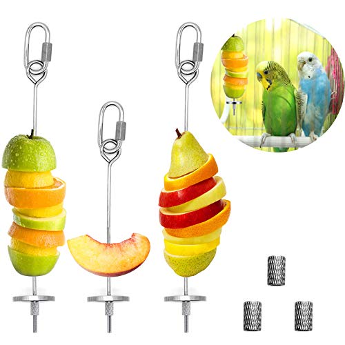 3Pcs Bird Food Holder, Bird Feeder Toy, Stainless Steel Small Animal Fruit Vegetable Stick Skewer, Foraging Hanging Food Feeding Treating Tool for Parrots Cockatoo Cockatiel Cage