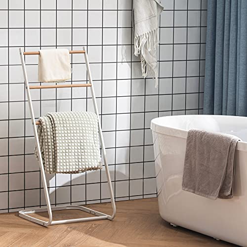 YOUDENOVA Blanket Ladder, Pool Towel Rack，Decorative 3 Tiers Towel Blanket Ladder Rack for Living Room, Towel Ladder Holder for Bathroom, White