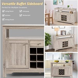 ReunionG Buffet Sideboard, Wine Console Table, Wooden Kitchen Organizer w/2 Cabinets, 1 Drawer and 9 Wine Cabinets, Farmhouse Storage Cupboard, Wine Rack, Server Table, Dining Room Furniture (Gray)