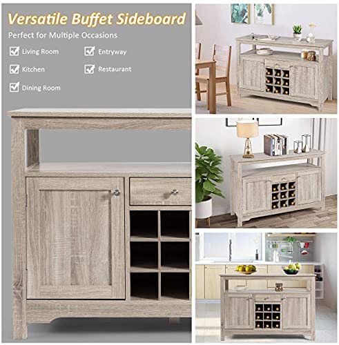 ReunionG Buffet Sideboard, Wine Console Table, Wooden Kitchen Organizer w/2 Cabinets, 1 Drawer and 9 Wine Cabinets, Farmhouse Storage Cupboard, Wine Rack, Server Table, Dining Room Furniture (Gray)