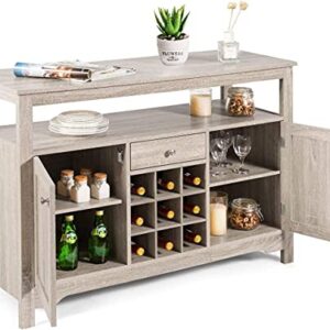 ReunionG Buffet Sideboard, Wine Console Table, Wooden Kitchen Organizer w/2 Cabinets, 1 Drawer and 9 Wine Cabinets, Farmhouse Storage Cupboard, Wine Rack, Server Table, Dining Room Furniture (Gray)