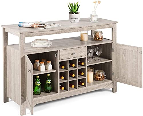 ReunionG Buffet Sideboard, Wine Console Table, Wooden Kitchen Organizer w/2 Cabinets, 1 Drawer and 9 Wine Cabinets, Farmhouse Storage Cupboard, Wine Rack, Server Table, Dining Room Furniture (Gray)