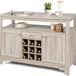 ReunionG Buffet Sideboard, Wine Console Table, Wooden Kitchen Organizer w/2 Cabinets, 1 Drawer and 9 Wine Cabinets, Farmhouse Storage Cupboard, Wine Rack, Server Table, Dining Room Furniture (Gray)