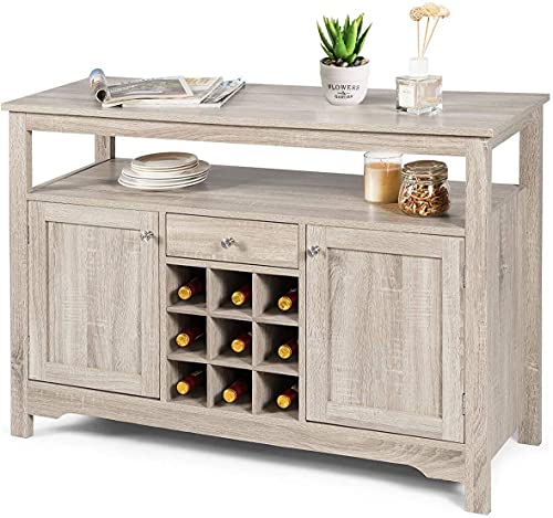 ReunionG Buffet Sideboard, Wine Console Table, Wooden Kitchen Organizer w/2 Cabinets, 1 Drawer and 9 Wine Cabinets, Farmhouse Storage Cupboard, Wine Rack, Server Table, Dining Room Furniture (Gray)