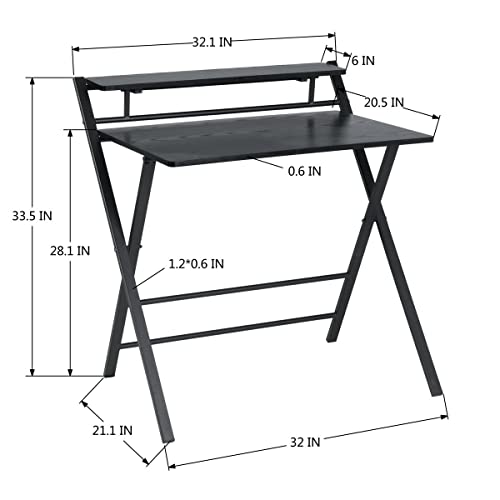 FurnitureR 32.1'' Folding 2 Tier Foldable Assembly Saves Space for Home Office Study, Metal Frames/Wood Top Laptop Table Computer Desk, Black