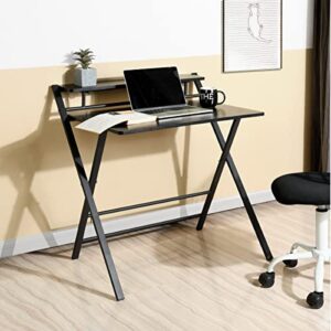 FurnitureR 32.1'' Folding 2 Tier Foldable Assembly Saves Space for Home Office Study, Metal Frames/Wood Top Laptop Table Computer Desk, Black