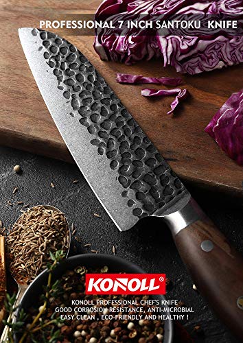 KONOLL Santoku Knife Janpan Chefs Knife Cleaver 7-inch Forged Handmade Professional Kitchen Knife, German High Carbon Steel (7-inch Santoku Thunder-K Series)