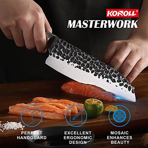 KONOLL Santoku Knife Janpan Chefs Knife Cleaver 7-inch Forged Handmade Professional Kitchen Knife, German High Carbon Steel (7-inch Santoku Thunder-K Series)