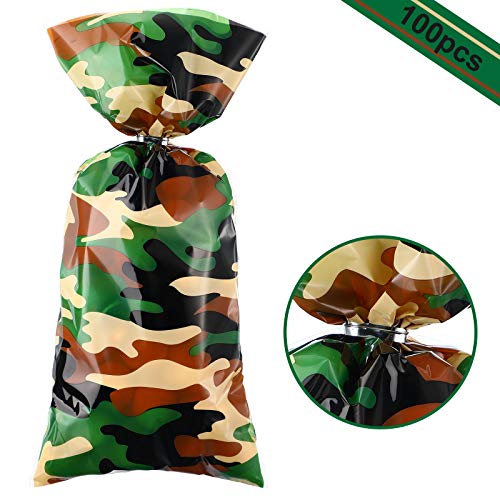 100 Pieces Camo Cellophane Treat Bags, Khaki Camouflage Party Plastic Candy Bag Goodie Present Favor Bag with 100 Silver Twist Ties for Camping Veteran Party Army Theme Birthday Supplies