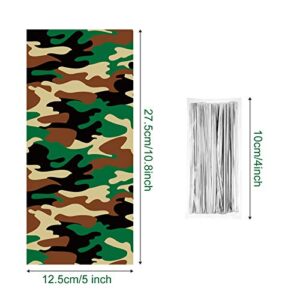 100 Pieces Camo Cellophane Treat Bags, Khaki Camouflage Party Plastic Candy Bag Goodie Present Favor Bag with 100 Silver Twist Ties for Camping Veteran Party Army Theme Birthday Supplies