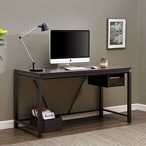 Studio Space 58" Modern Wood, Simple Style Study Laptop Computer Desk Home Office Workstation with Motion Storage Drawer and Metal Frame, Brown